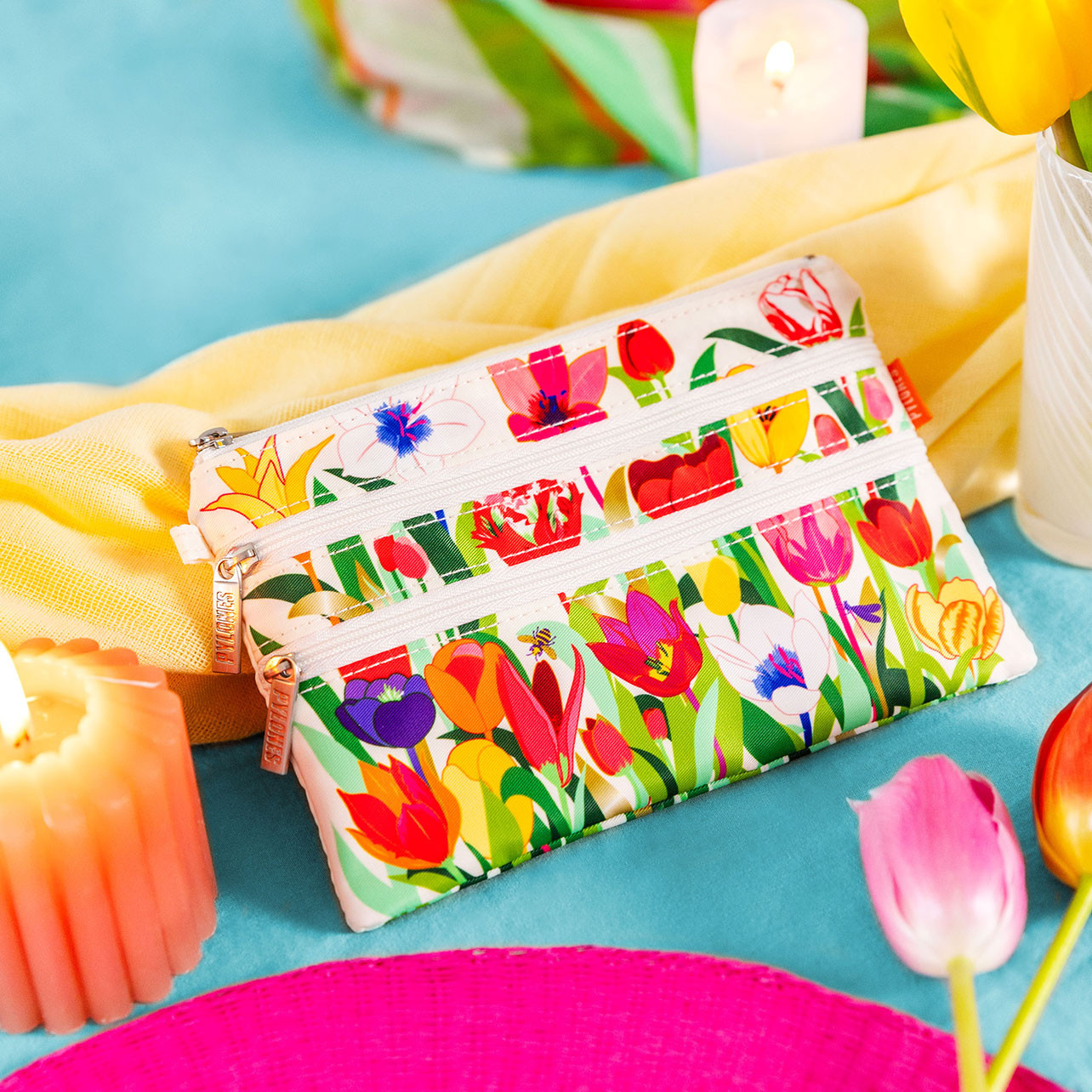 Pouch with 3 Zips - Zip It - Tulipes - Pylones